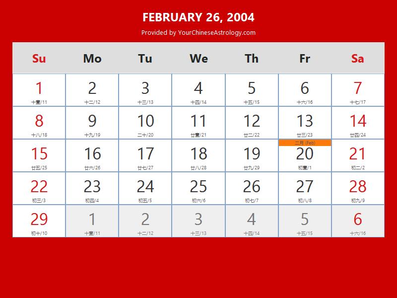 Chinese Calendar Feb 26, 2004: Auspicious Things to Do and Hours, Bazi