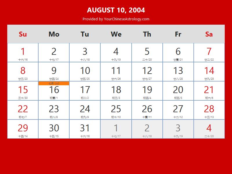 Chinese Calendar Aug 10, 2004: Auspicious Things to Do and Hours, Bazi