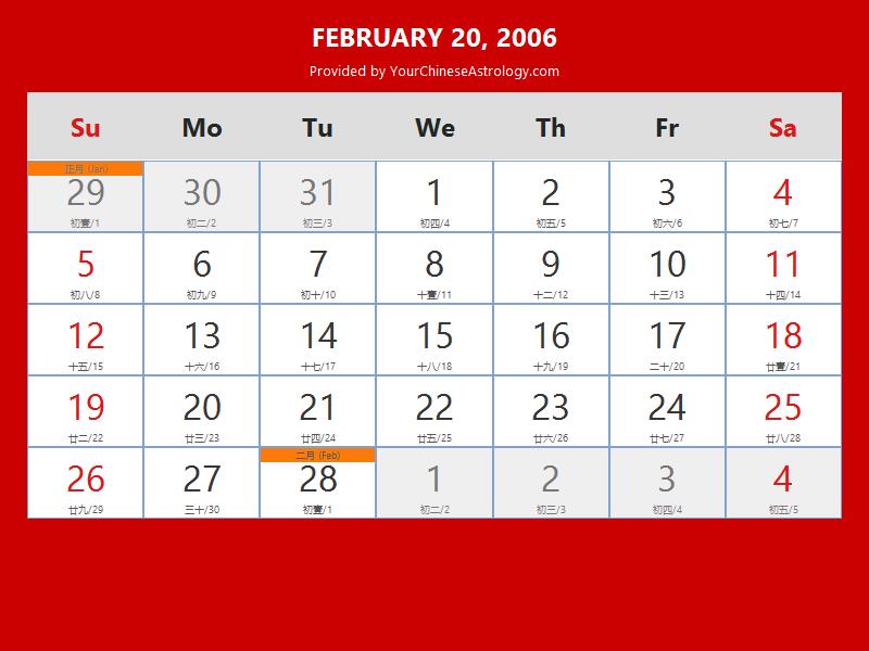 Chinese Calendar Feb 20, 2006: Auspicious Things to Do and Hours, Bazi