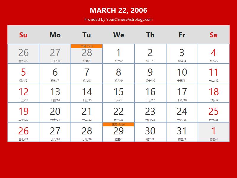 Chinese Calendar Mar 22, 2006: Auspicious Things to Do and Hours, Bazi