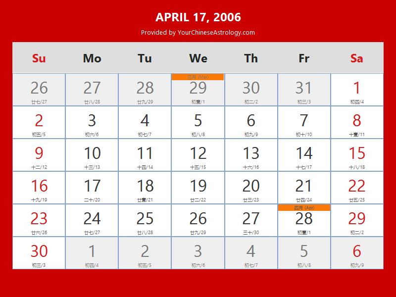 Chinese Calendar Apr 17, 2006: Auspicious Things to Do and Hours, Bazi