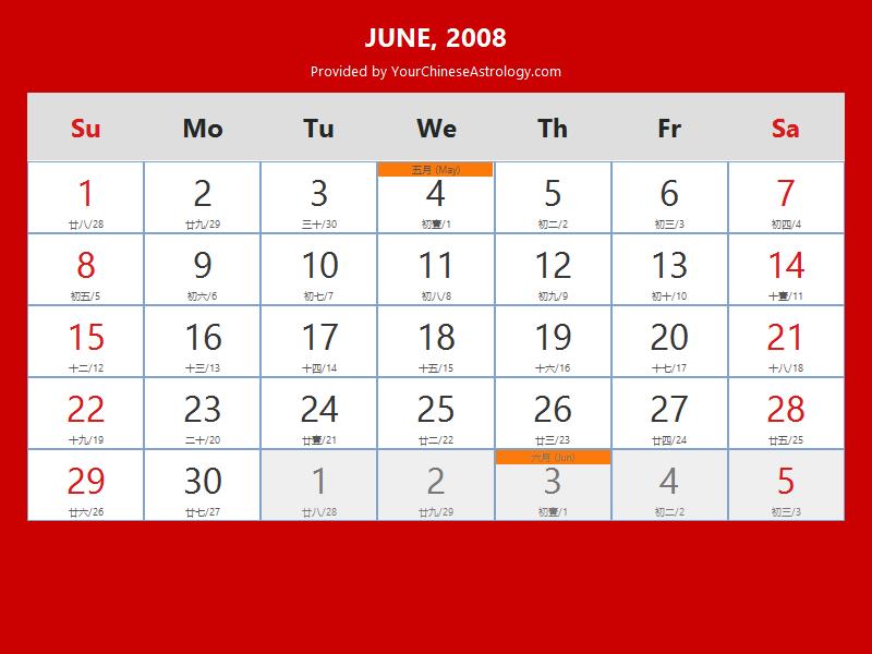 Chinese Calendar June 2008: Lunar Dates, Auspicious Dates and Times