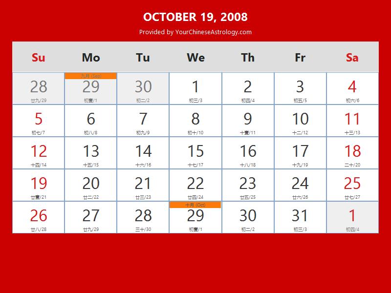 Chinese Calendar Oct 19, 2008: Auspicious Things to Do and Hours, Bazi