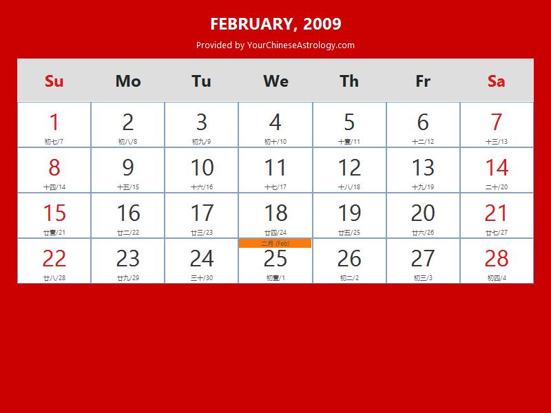 Chinese Calendar February 2009: Lunar Dates, Auspicious Dates and Times
