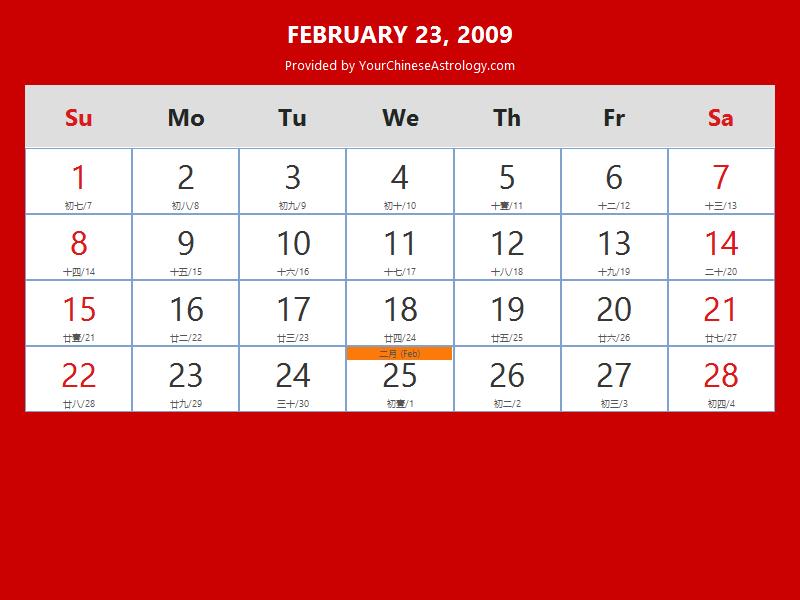 Chinese Calendar Feb 23, 2009: Auspicious Things to Do and Hours, Bazi
