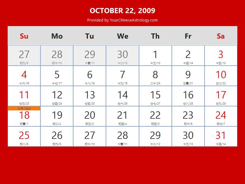 Chinese Calendar Oct 22, 2009: Auspicious Things to Do and Hours, Bazi
