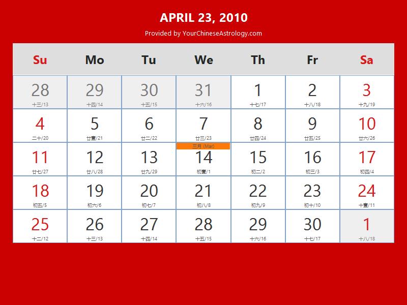 Chinese Calendar Apr 23, 2010: Auspicious Things to Do and Hours, Bazi