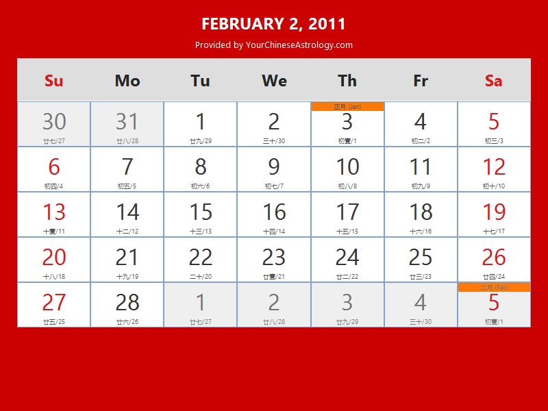Chinese Calendar Feb 02, 2011: Auspicious Things to Do and Hours, Bazi