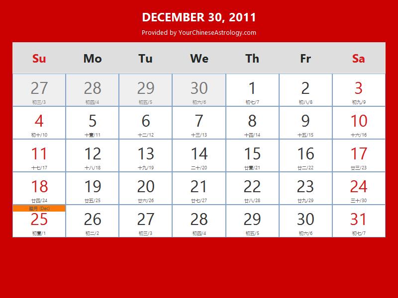 Chinese Calendar Dec 30, 2011: Auspicious Things to Do and Hours, Bazi