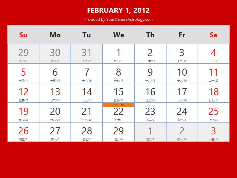 Chinese Calendar Feb 01, 2012: Auspicious Things to Do and Hours, Bazi
