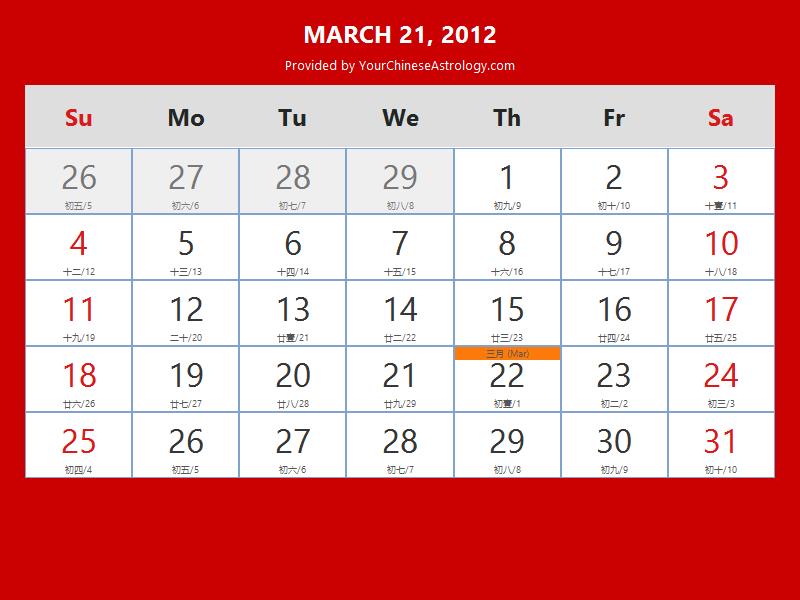 Chinese Calendar Mar 21, 2012: Auspicious Things to Do and Hours, Bazi