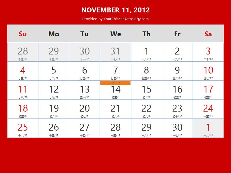 Chinese Calendar Nov 11, 2012: Auspicious Things to Do and Hours, Bazi