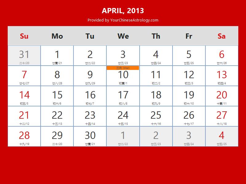 Chinese Calendar April 2013: Lunar Dates, Auspicious Dates and Times