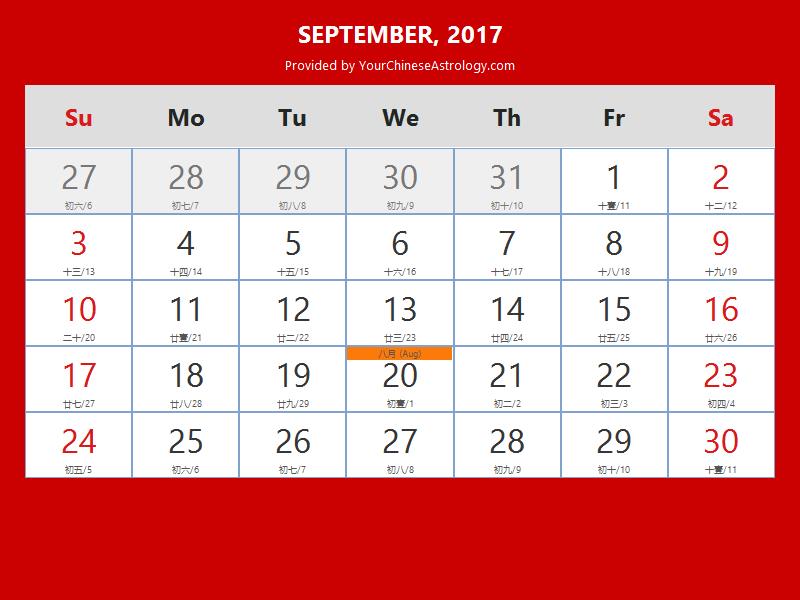 Chinese Calendar September 2017: Lunar Dates, Auspicious Dates and Times
