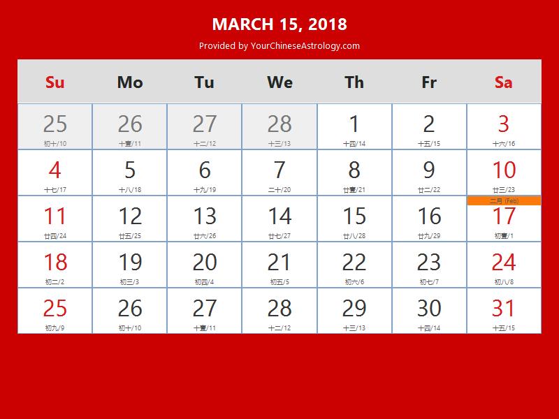 Chinese Calendar Mar 15, 2018: Auspicious Things to Do and Hours, Bazi