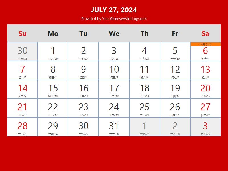 Chinese Calendar Jul 27, 2024: Auspicious Things to Do and Hours, Bazi