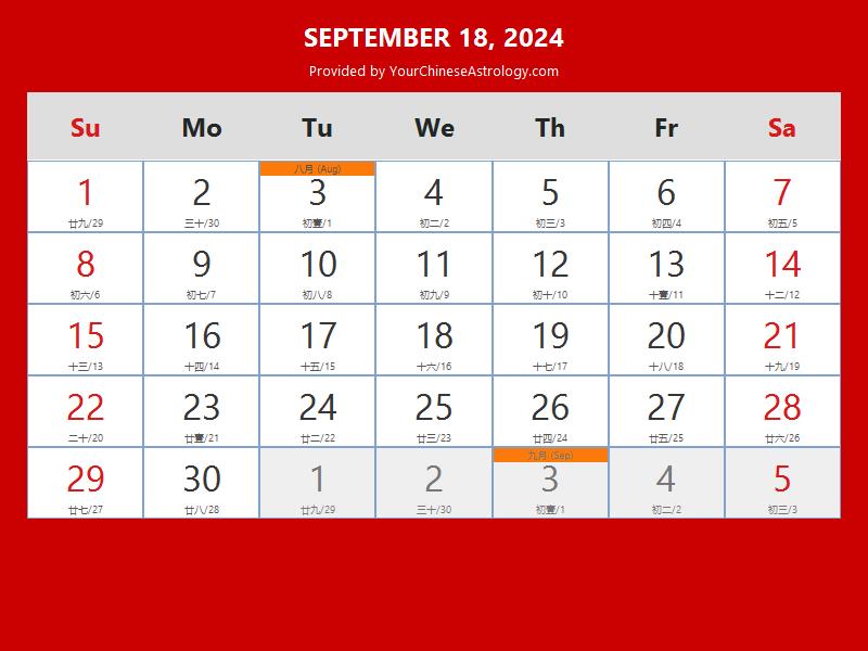 Chinese Calendar Sep 18, 2024: Auspicious Things to Do and Hours, Bazi