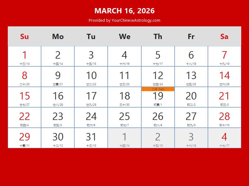 Chinese Calendar Mar 16, 2026: Auspicious Things to Do and Hours, Bazi