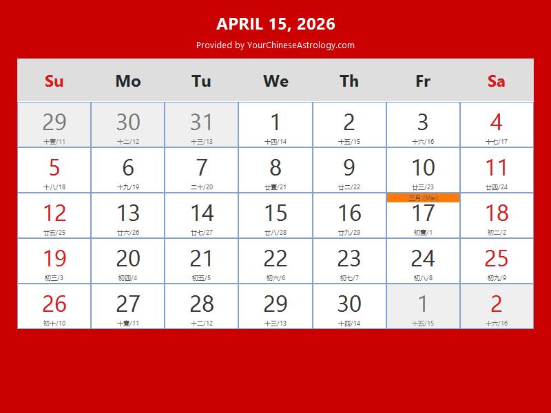 Chinese Calendar Apr 15, 2026: Auspicious Things to Do and Hours, Bazi