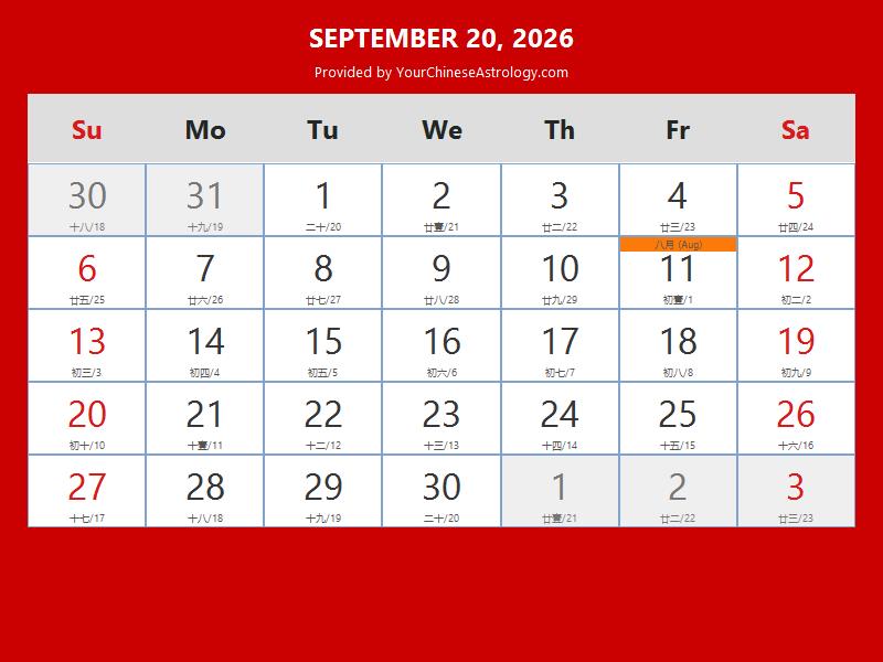 Chinese Calendar Sep 20, 2026: Auspicious Things to Do and Hours, Bazi