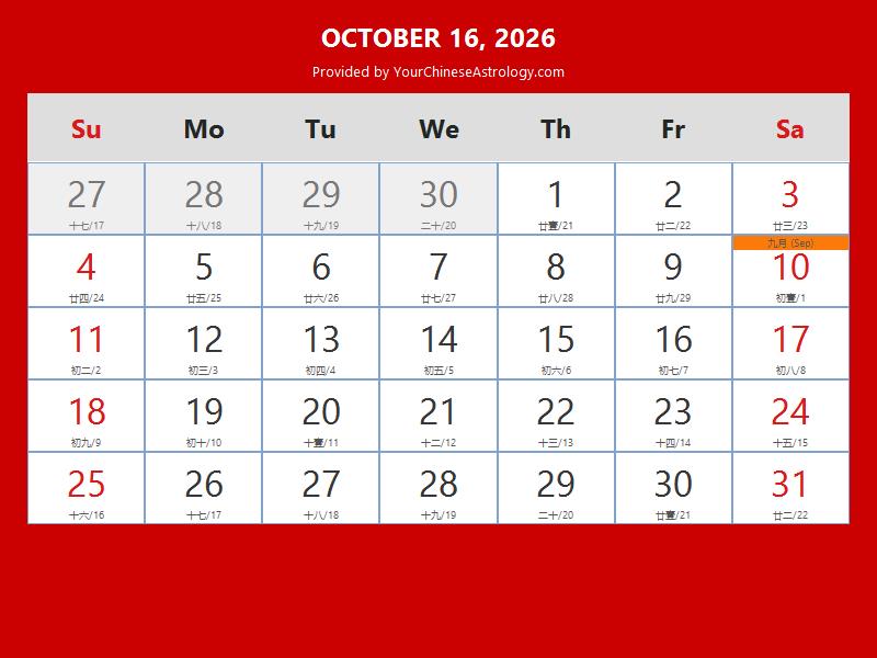 Chinese Calendar Oct 16, 2026: Auspicious Things to Do and Hours, Bazi