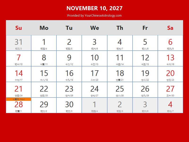 Chinese Calendar Nov 10, 2027: Auspicious Things to Do and Hours, Bazi