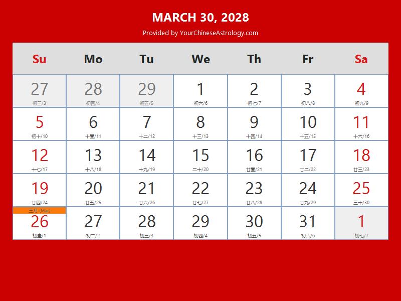 Chinese Calendar Mar 30, 2028: Auspicious Things to Do and Hours, Bazi