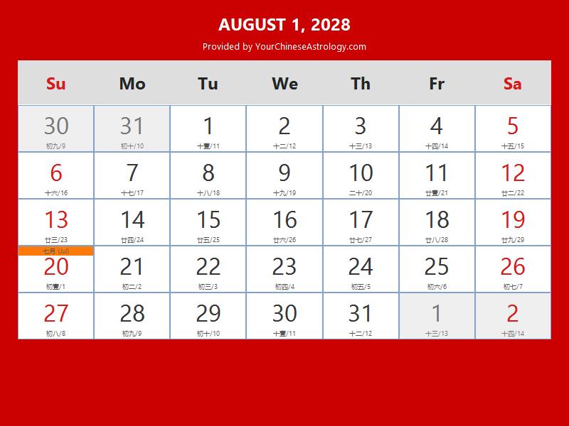 Chinese Calendar Aug 01, 2028: Auspicious Things to Do and Hours, Bazi