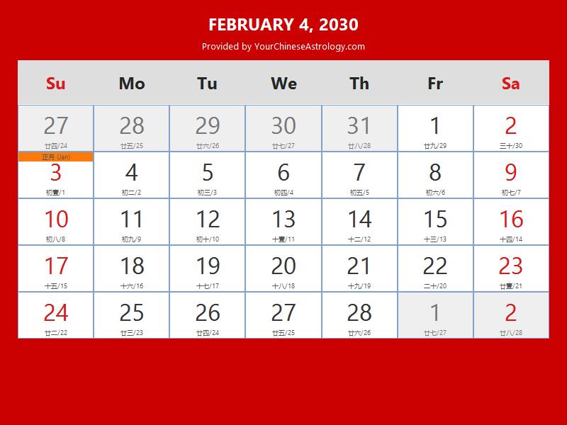 Chinese Calendar Feb 04, 2030: Auspicious Things to Do and Hours, Bazi