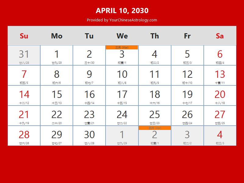 Chinese Calendar Apr 10, 2030: Auspicious Things to Do and Hours, Bazi
