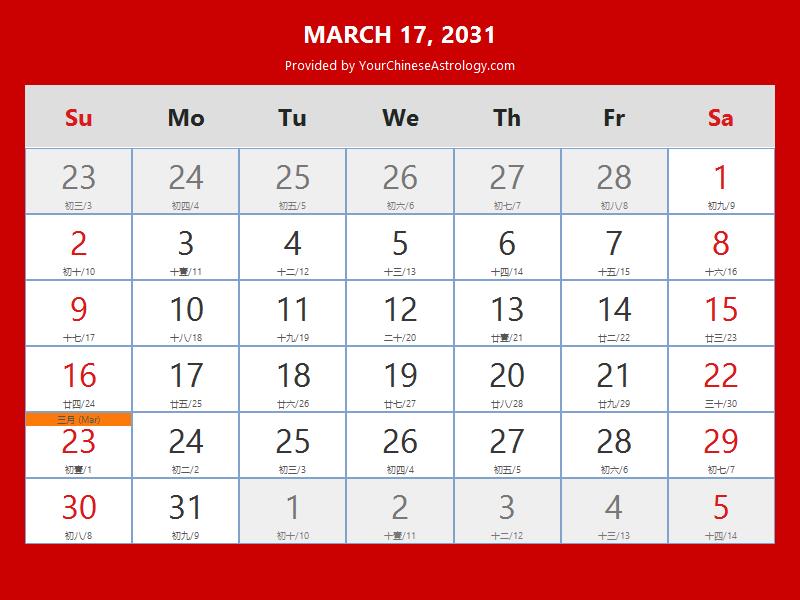 Chinese Calendar Mar 17, 2031: Auspicious Things to Do and Hours, Bazi