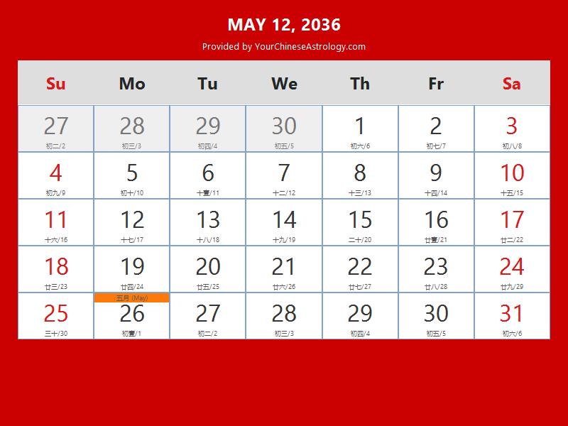 Chinese Calendar May 12, 2036: Auspicious Things to Do and Hours, Bazi