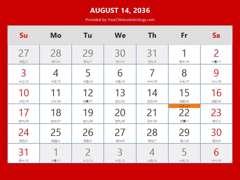 Chinese Calendar Aug 14, 2036: Auspicious Things to Do and Hours, Bazi
