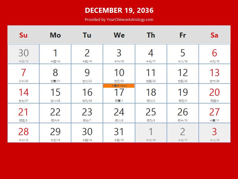 Chinese Calendar Dec 19, 2036: Auspicious Things to Do and Hours, Bazi