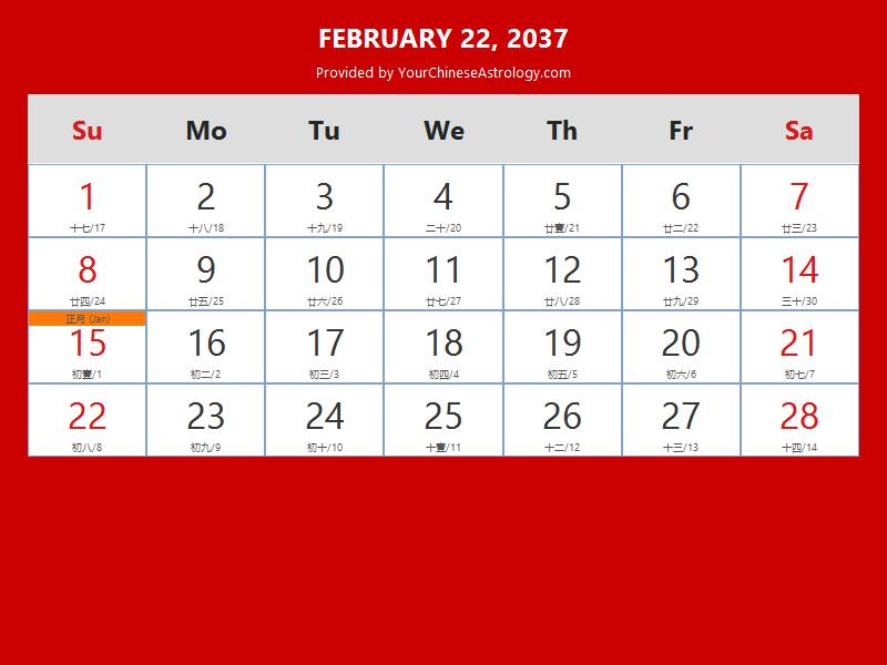 Chinese Calendar Feb 22, 2037: Auspicious Things to Do and Hours, Bazi