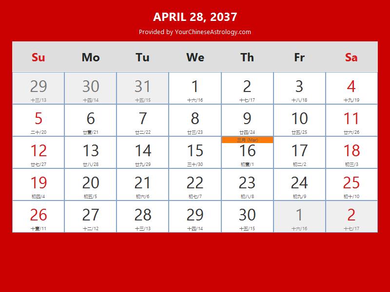 Chinese Calendar Apr 28, 2037: Auspicious Things to Do and Hours, Bazi