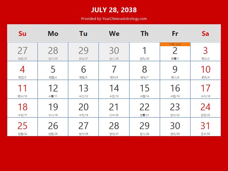 Chinese Calendar Jul 28, 2038: Auspicious Things to Do and Hours, Bazi