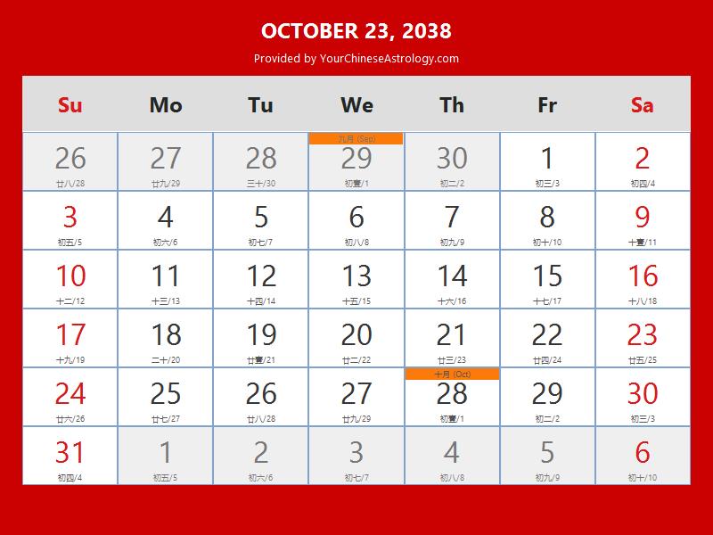 Chinese Calendar Oct 23, 2038: Auspicious Things to Do and Hours, Bazi