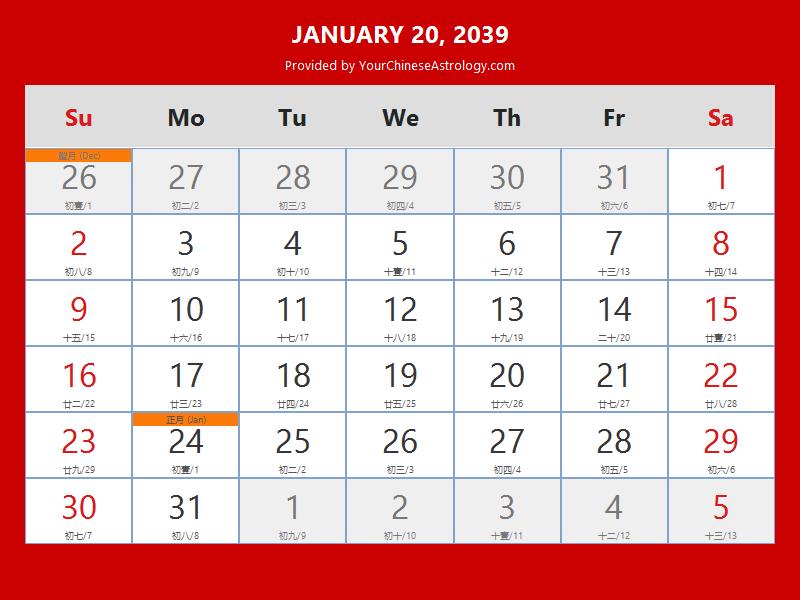 Chinese Calendar Jan 20, 2039: Auspicious Things to Do and Hours, Bazi