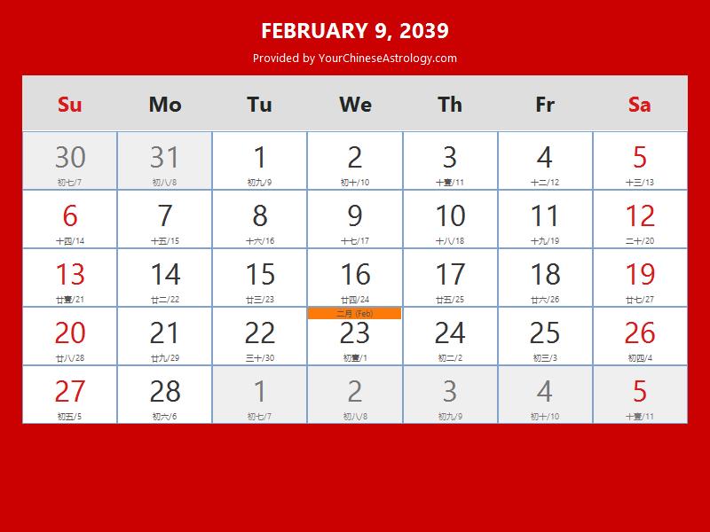 Chinese Calendar Feb 09, 2039: Auspicious Things to Do and Hours, Bazi