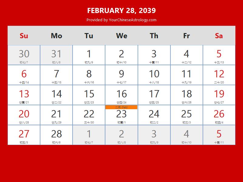 Chinese Calendar Feb 28, 2039: Auspicious Things to Do and Hours, Bazi