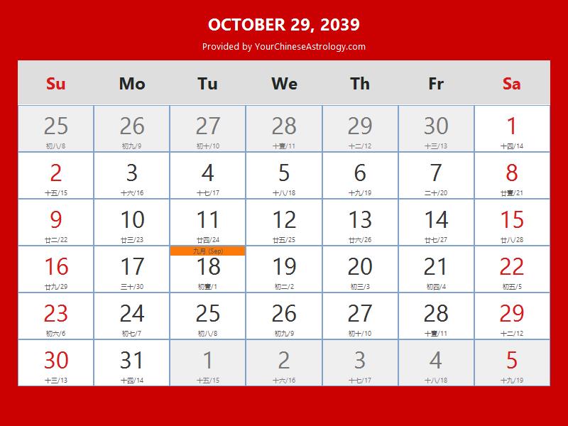 Chinese Calendar Oct 29, 2039: Auspicious Things to Do and Hours, Bazi
