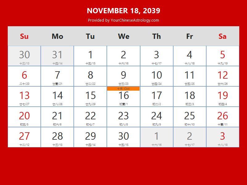 Chinese Calendar Nov 18, 2039: Auspicious Things to Do and Hours, Bazi