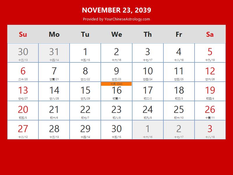 Chinese Calendar Nov 23, 2039: Auspicious Things to Do and Hours, Bazi