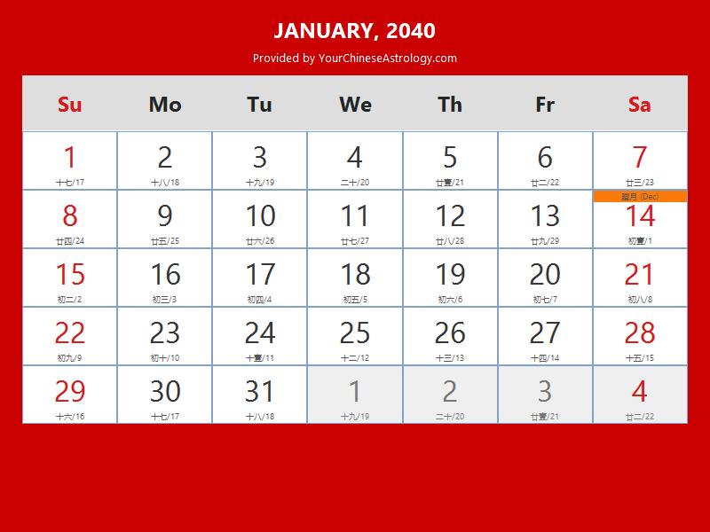 Chinese Calendar 2040, Year of The Monkey, 2040 Lunar Calendar