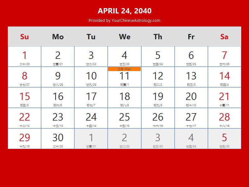 Chinese Calendar Apr 24, 2040: Auspicious Things to Do and Hours, Bazi