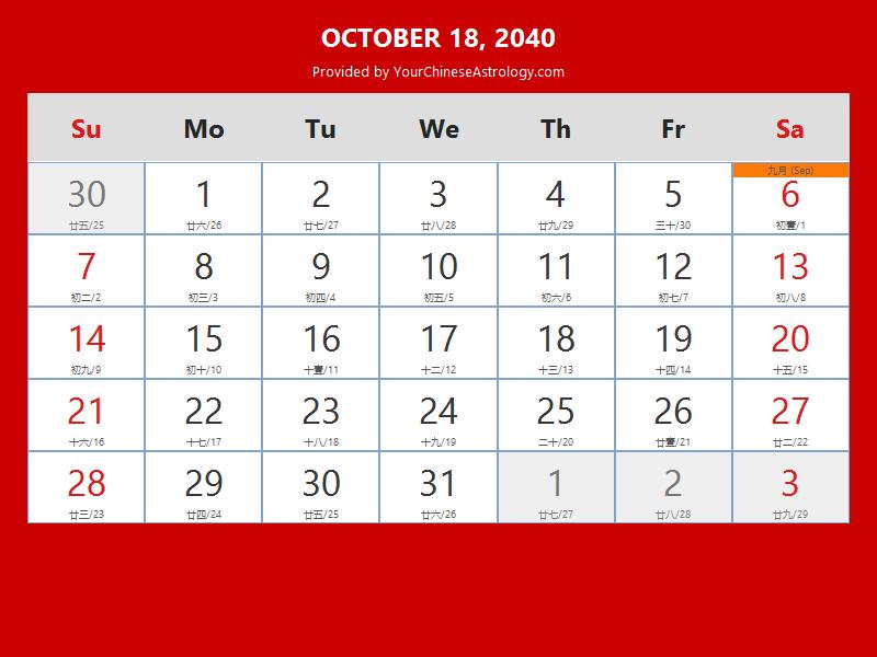 Chinese Calendar Oct 18, 2040: Auspicious Things to Do and Hours, Bazi