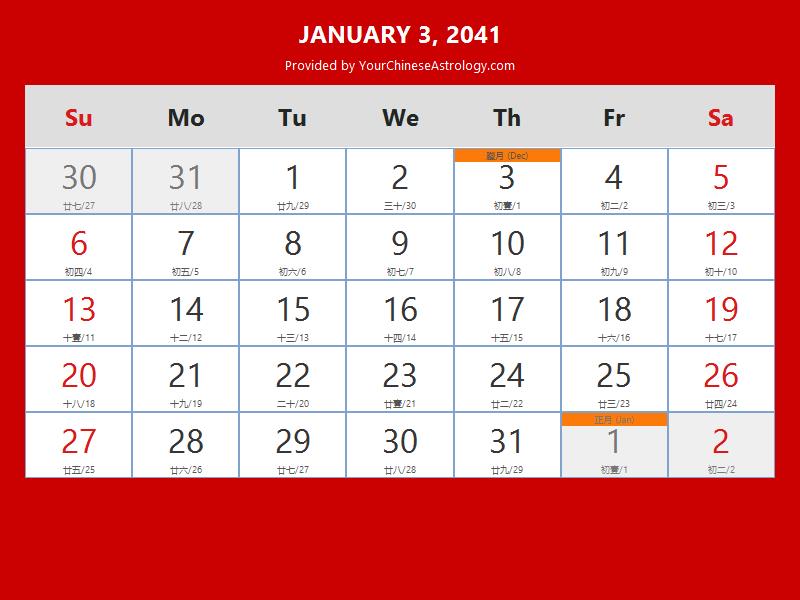 Chinese Calendar Jan 03, 2041: Auspicious Things to Do and Hours, Bazi