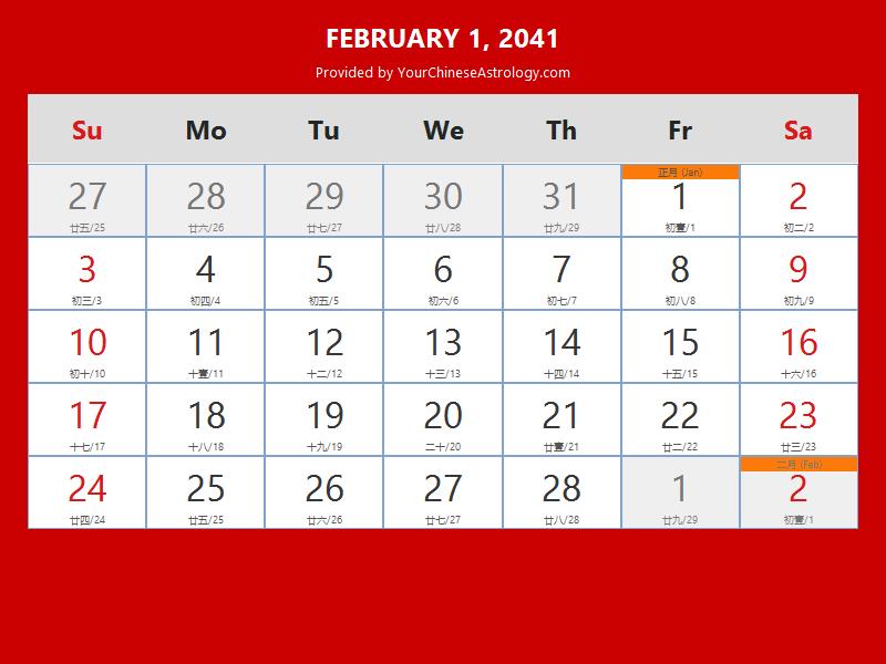 Chinese Calendar Feb 01, 2041: Auspicious Things to Do and Hours, Bazi