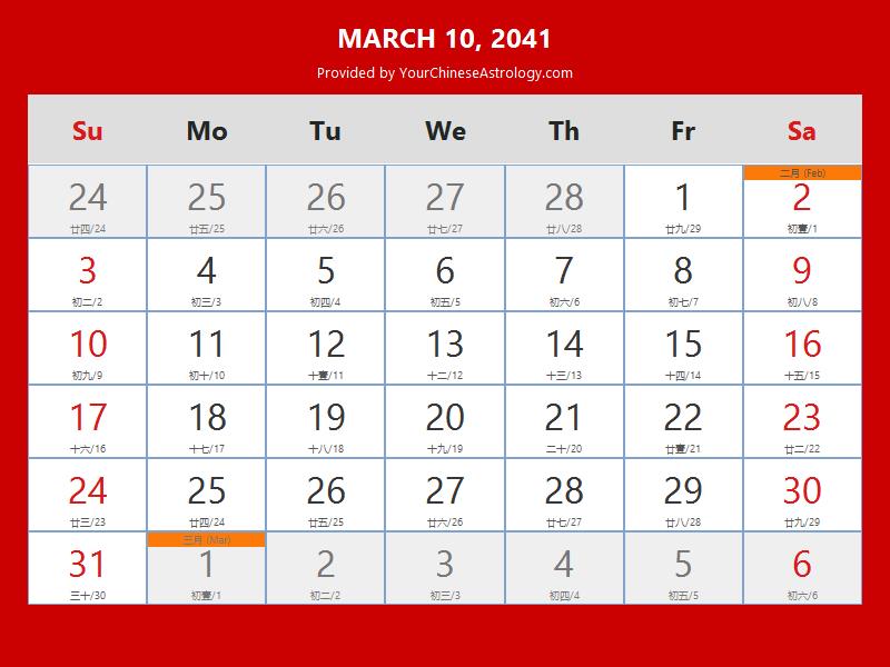 Chinese Calendar Mar 10, 2041: Auspicious Things to Do and Hours, Bazi